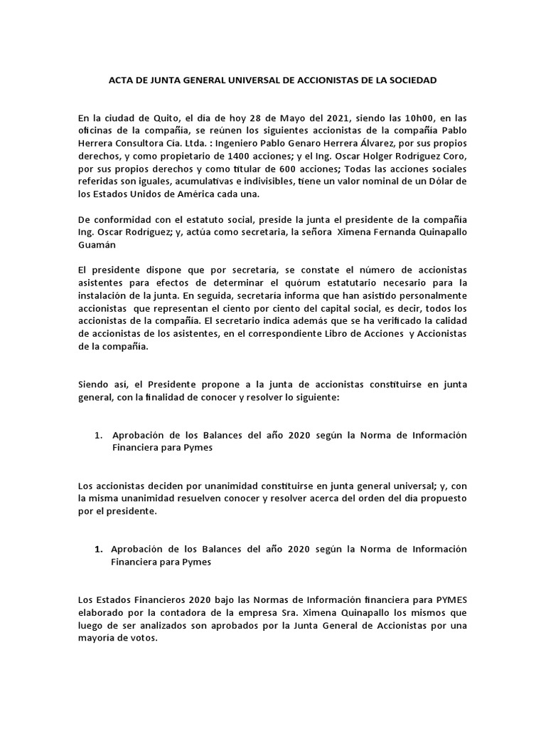 Acta de Junta General 2020 | PDF | Compartir (Finanzas)