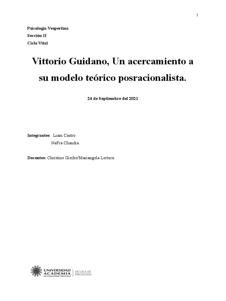 Vittorio Guidano, Un acercamiento a su modelo teórico posracionalista. Ev1. NchandiaLCastro ...