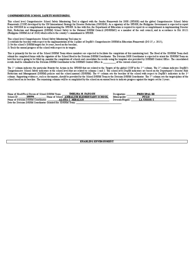 COMPREHENSIVE SCHOOL SAFETY MONITORING TOOL AES Final | PDF | Disaster Risk Reduction ...