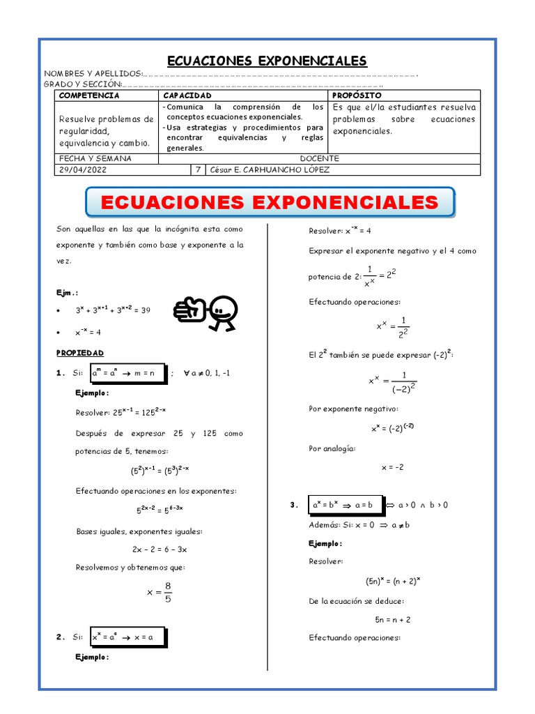 Ecuaciones Exponenciales para Cuarto de Secundaria | PDF | Ecuaciones | Exponenciación