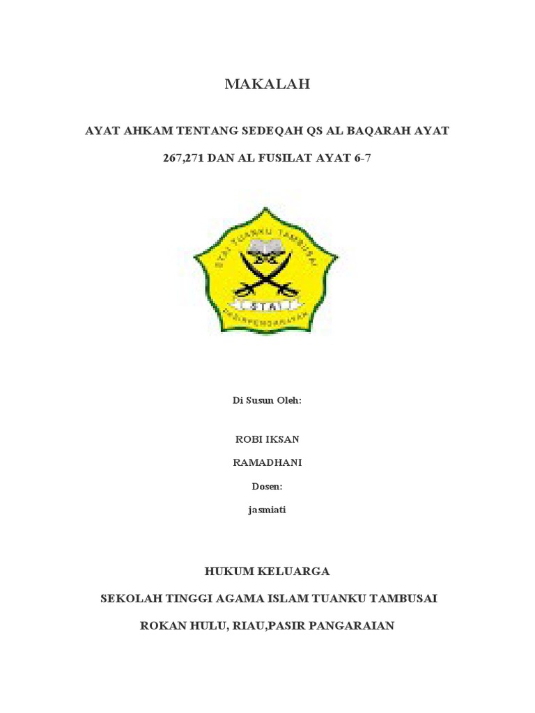 Makalah: Ayat Ahkam Tentang Sedeqah Qs Al Baqarah Ayat 267,271 Dan Al Fusilat Ayat 6-7 | PDF
