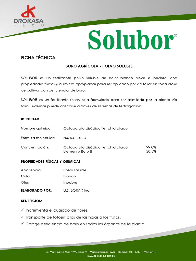 Ficha Técnica de Solubor Agrícola | PDF | Tecnología