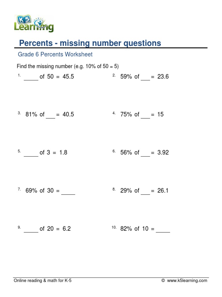 Grade 6 Percent Missing Number A | PDF