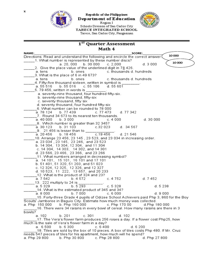 1st Assessment MATH 4 | PDF