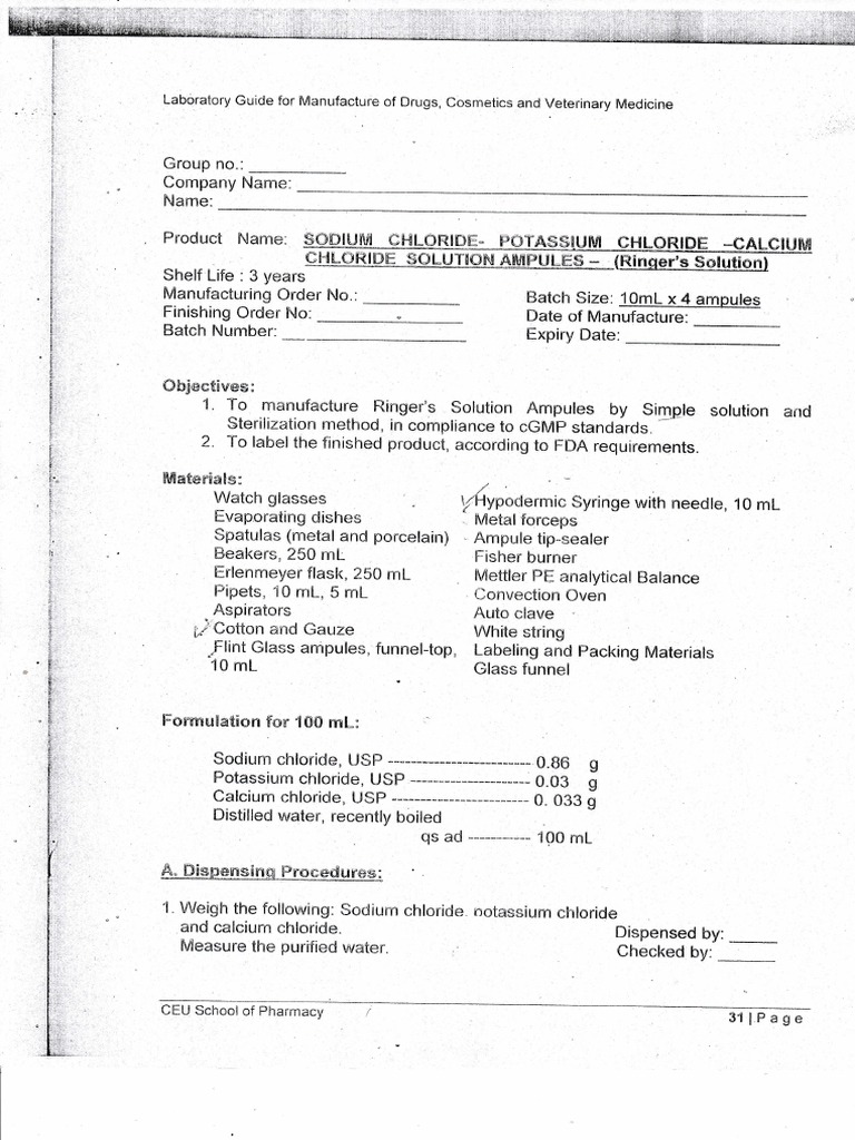 Sodium Chloride Potassium Chloride Calcium Chloride Solution Ampules Ringers Solution | PDF
