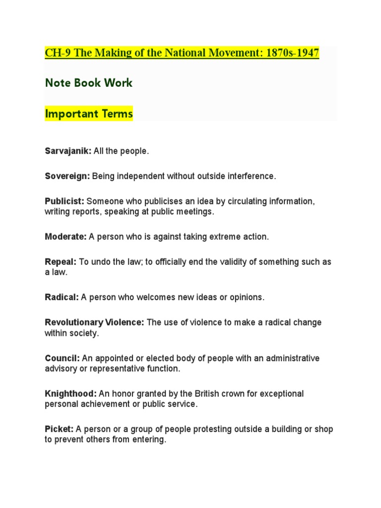 THE MAKING OF NATIONAL MOVEMENT-1870s-1947 (Note Book Work) | PDF ...