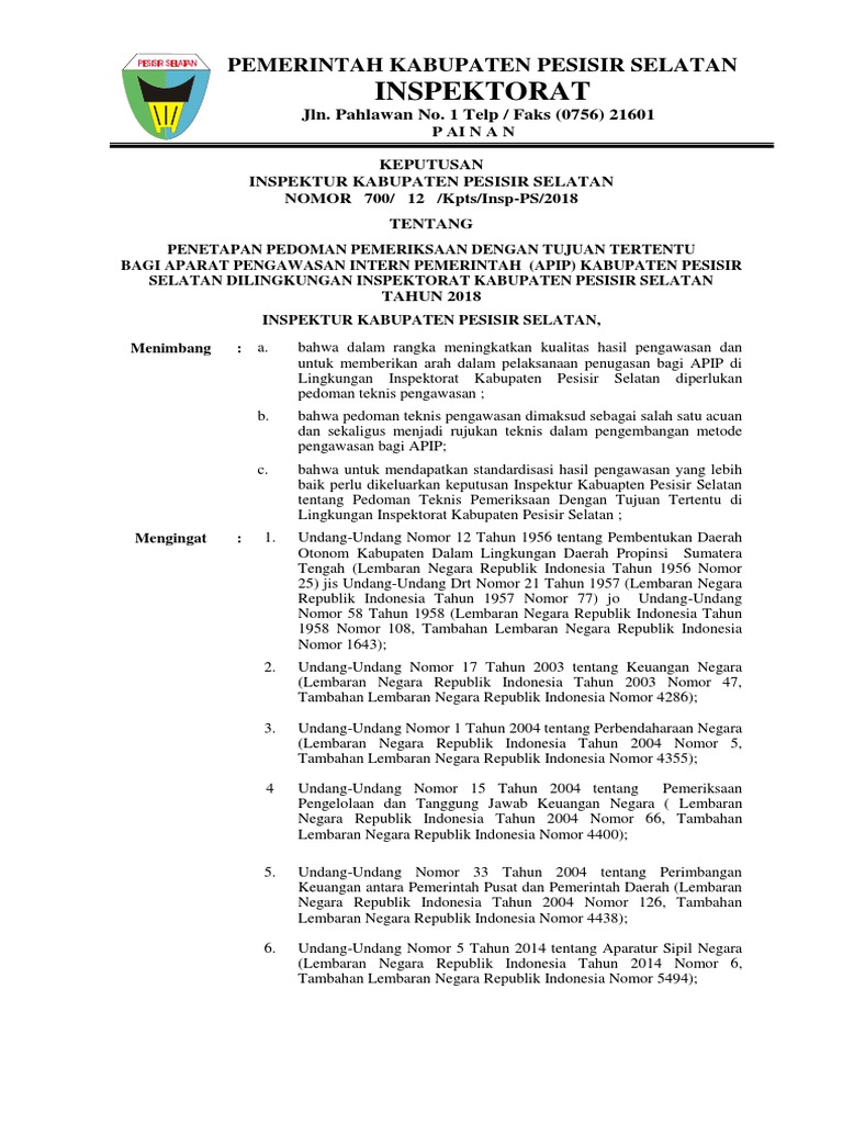 Keputusan Inspektur Tentang Tata Cara Pelaksanaan Penugasan Pengawasan ...