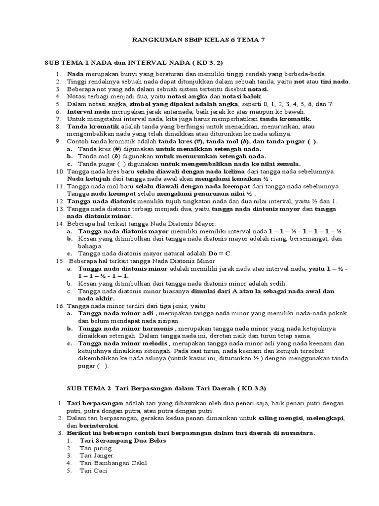 RANGKUMAN SBDP KELAS 6 TEMA 7 | PDF | Seni & Disiplin Bahasa | Seni