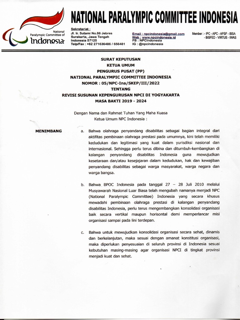 SK Pengurus NPC Diy Npci 2022 | PDF