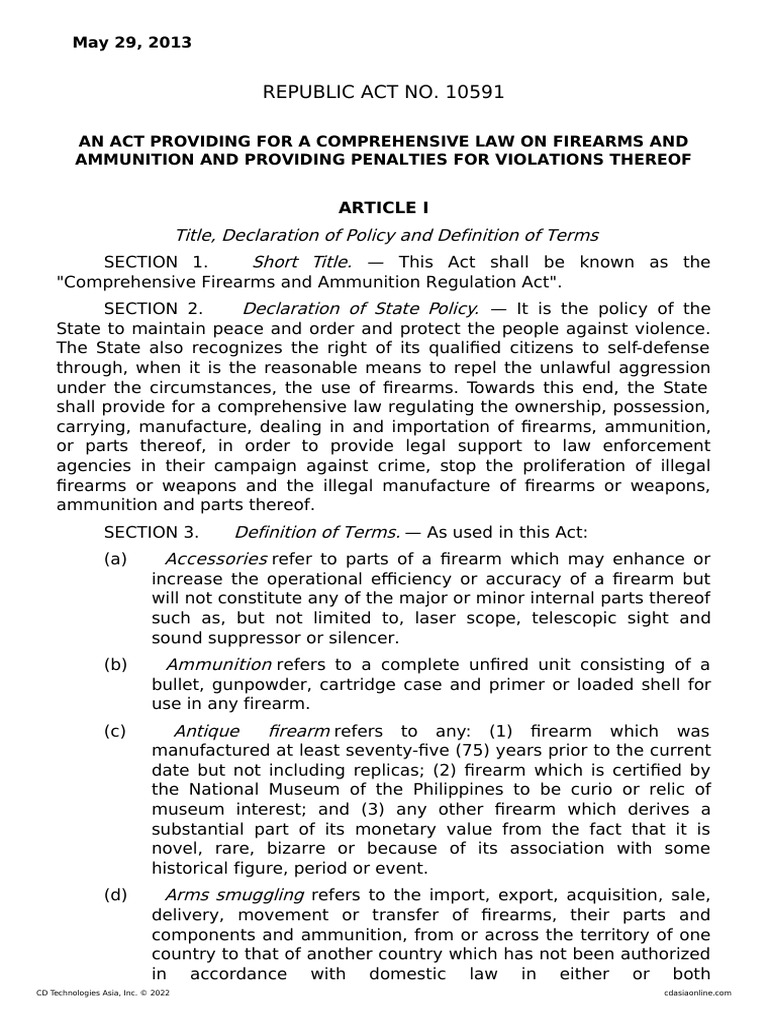RA No. 10591 Comprehensive Firearms and Ammunition Regulation Act | PDF ...