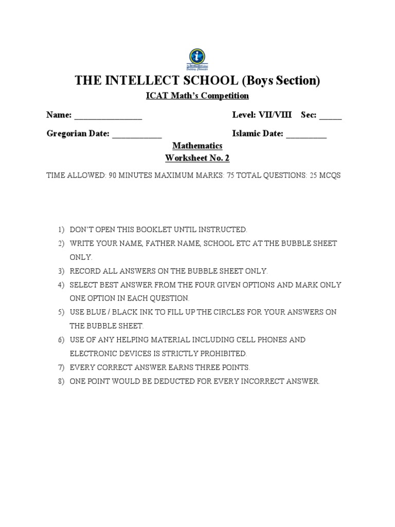 Math Competition Worksheet for Grades VII/VIII | PDF | Teaching Methods ...