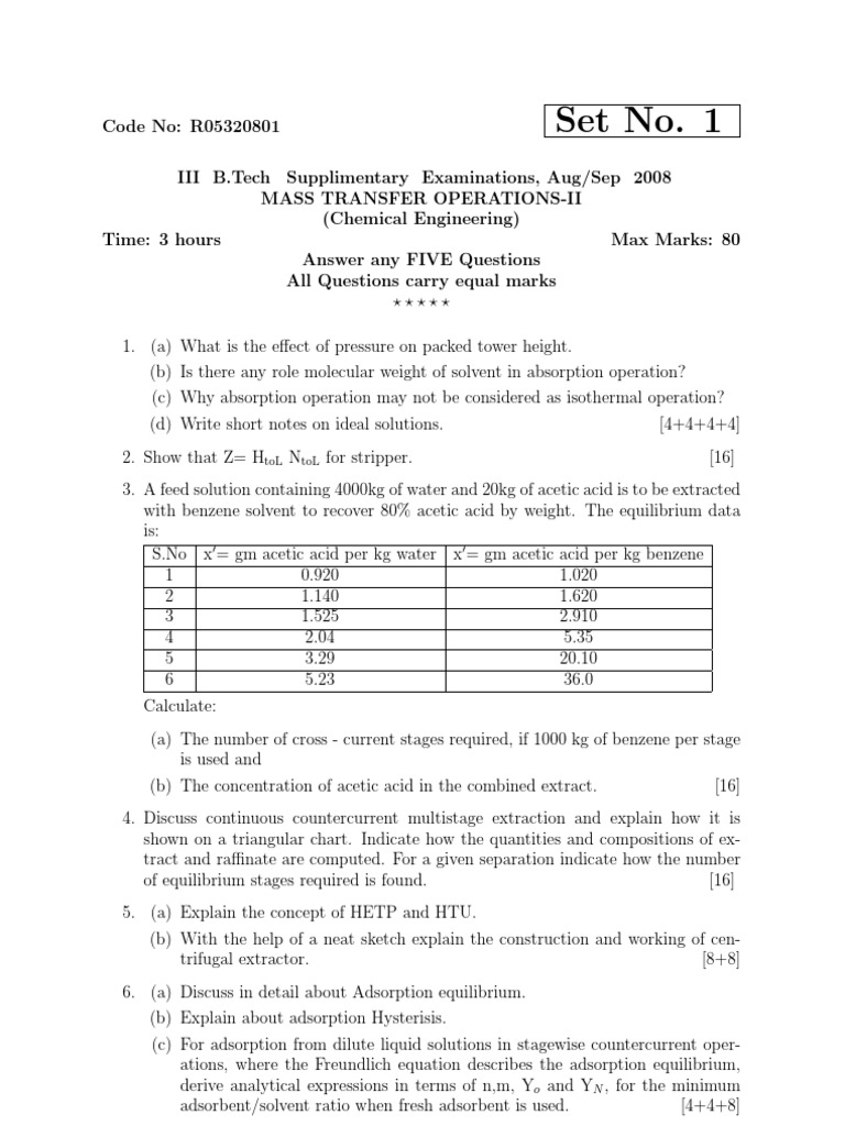 r05320801 Mass Transfer Operations II | PDF | Adsorption | Solution