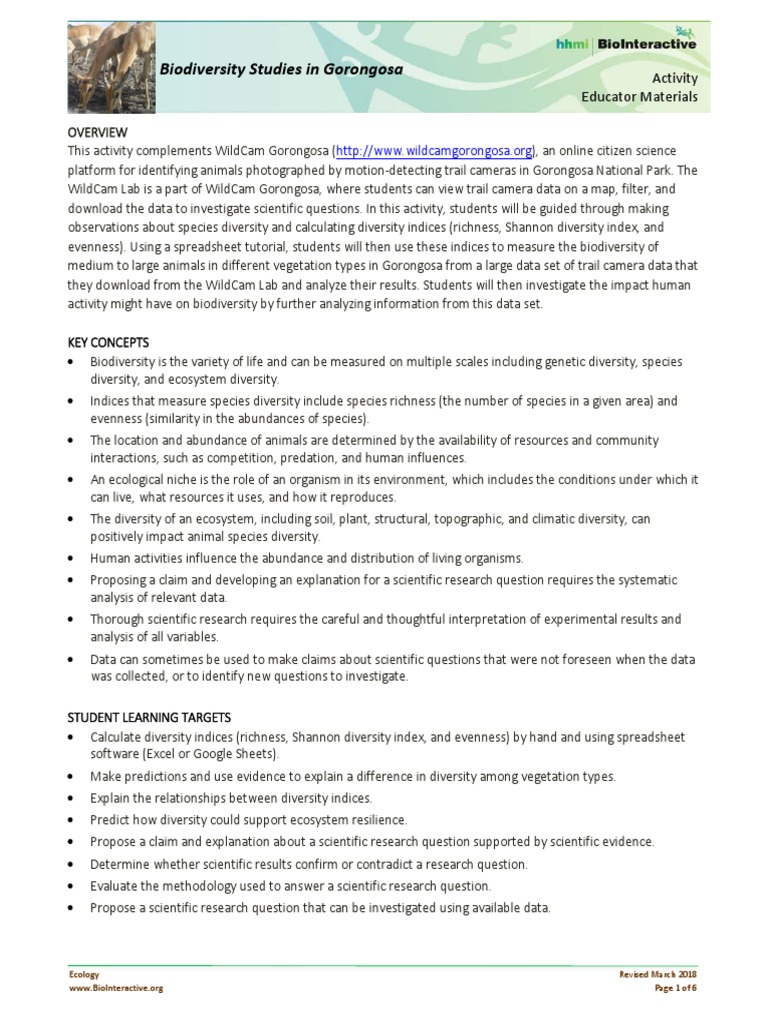 Gorongosa Biodiversity Study Guide | PDF | Biodiversity | Human Impact ...
