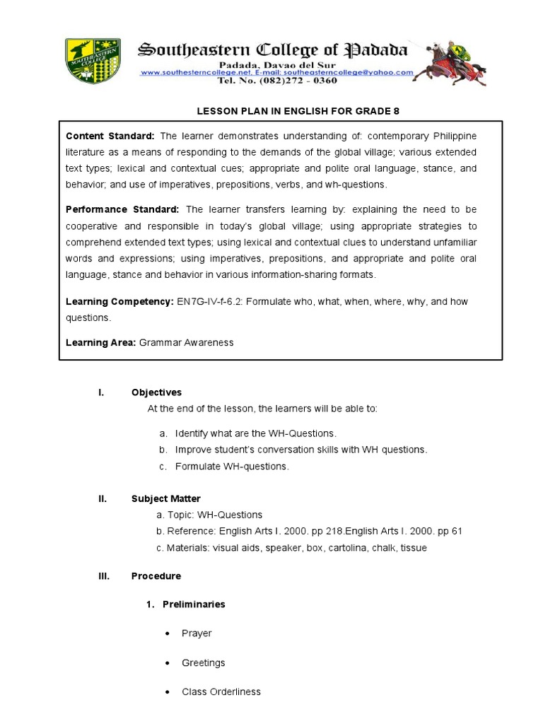 Grade 8 - WH Questions | PDF