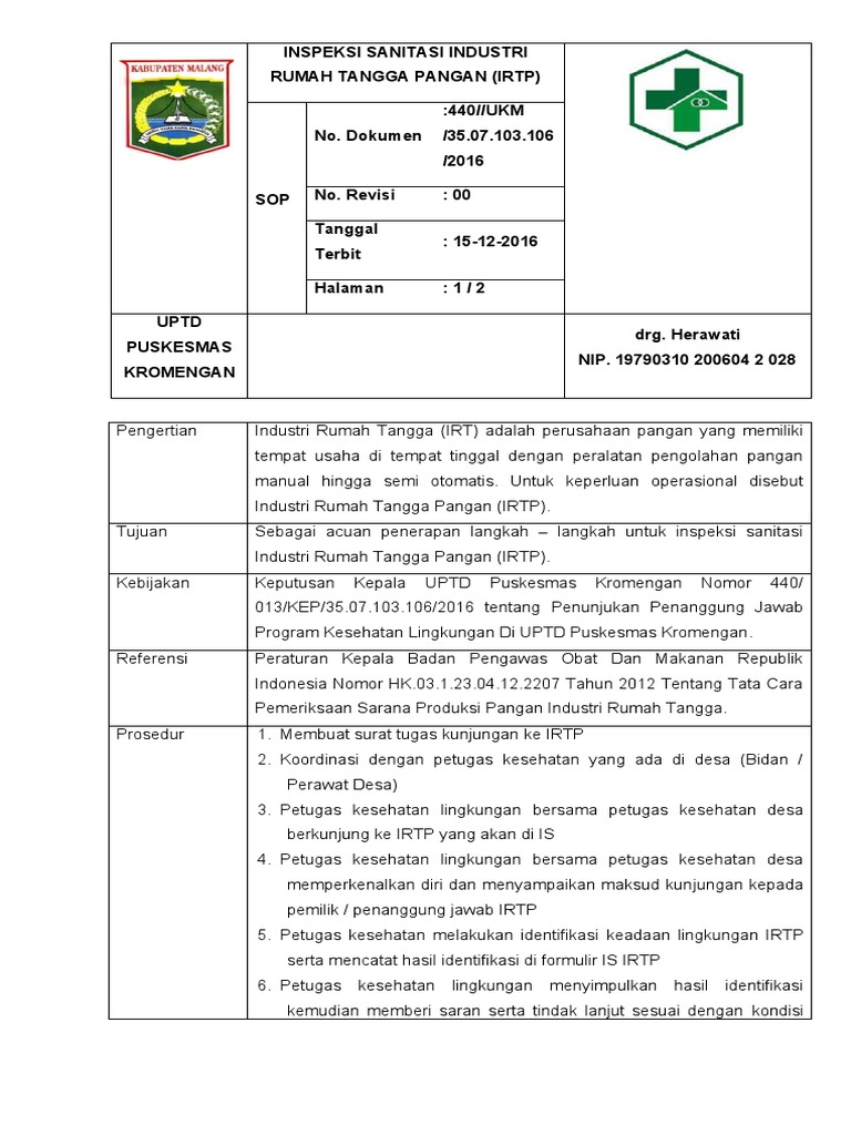 Inspeksi Sanitasi Industri Rumah Tangga Pangan (Irtp) | PDF
