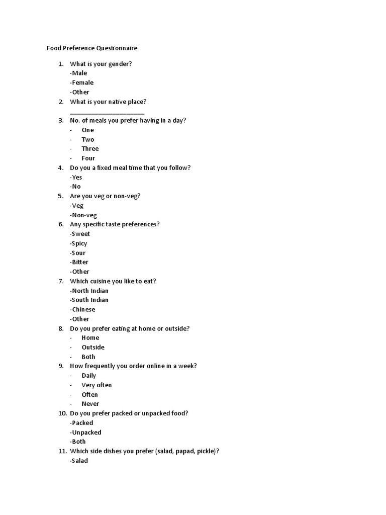 Food Preference Questionnaire | PDF