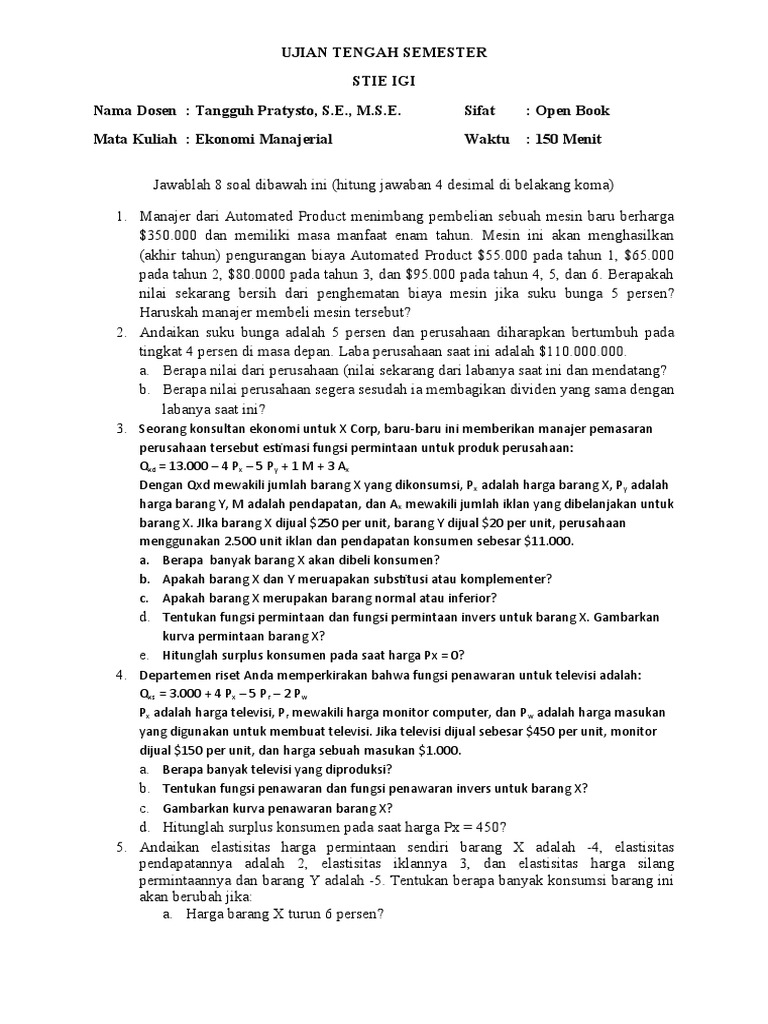 TANGGUH Soal Uts Ekonomi Manajerial 1 | PDF