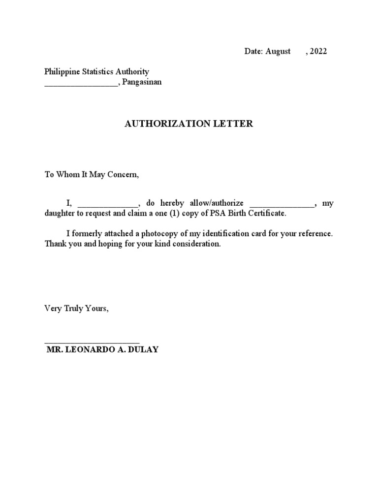 Authorization Letter for PSA Request | PDF | Social Science | Wellness