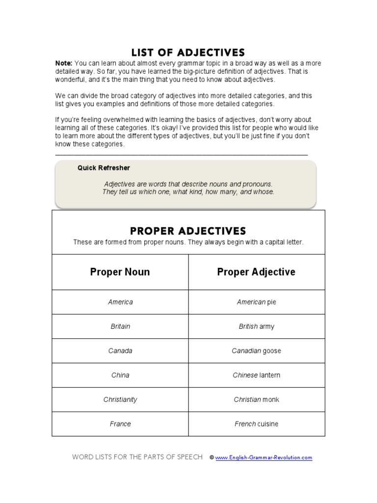 List of Adjectives | PDF | Adjective | Noun