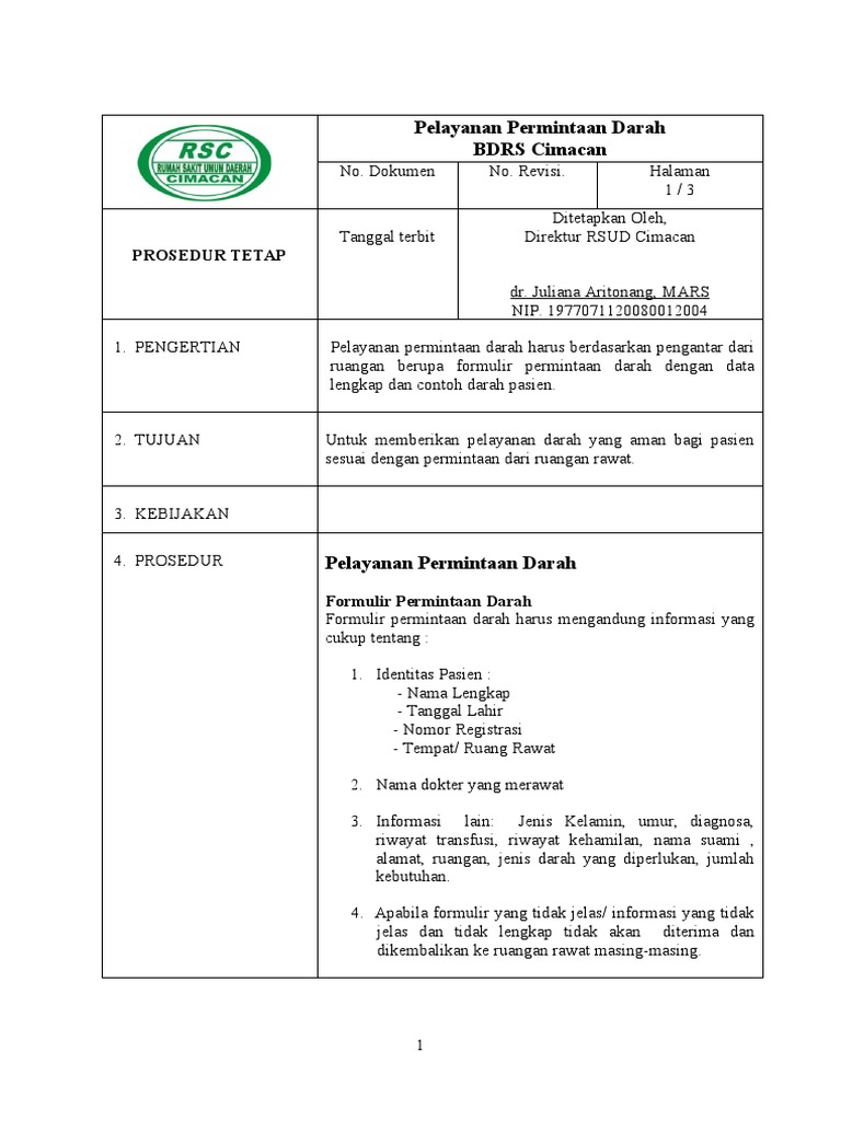 Daftar Sop Bank Darah RS | PDF