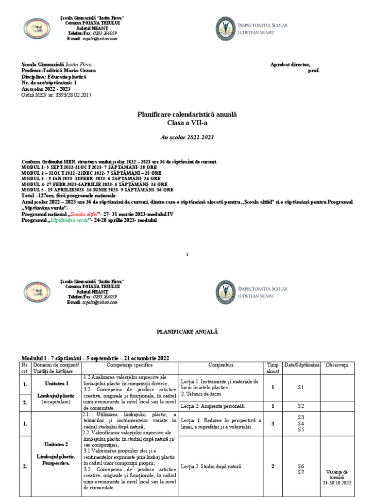 Educatie Plastica Clasa A 7 Planificare | PDF