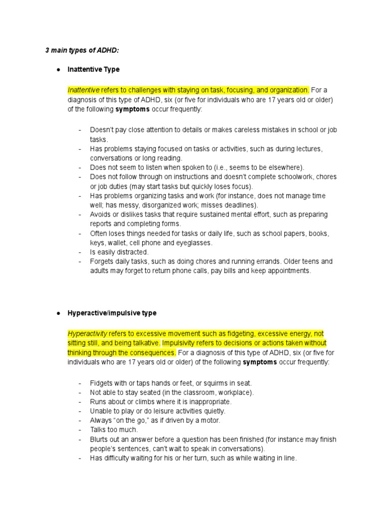 The Three Main Types of ADHD: Inattentive, Hyperactive/Impulsive, and ...