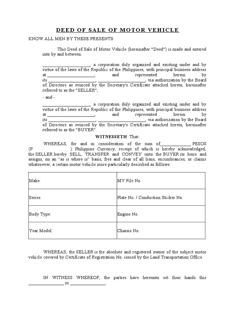 Deed of Sale of Motor Vehicle | PDF