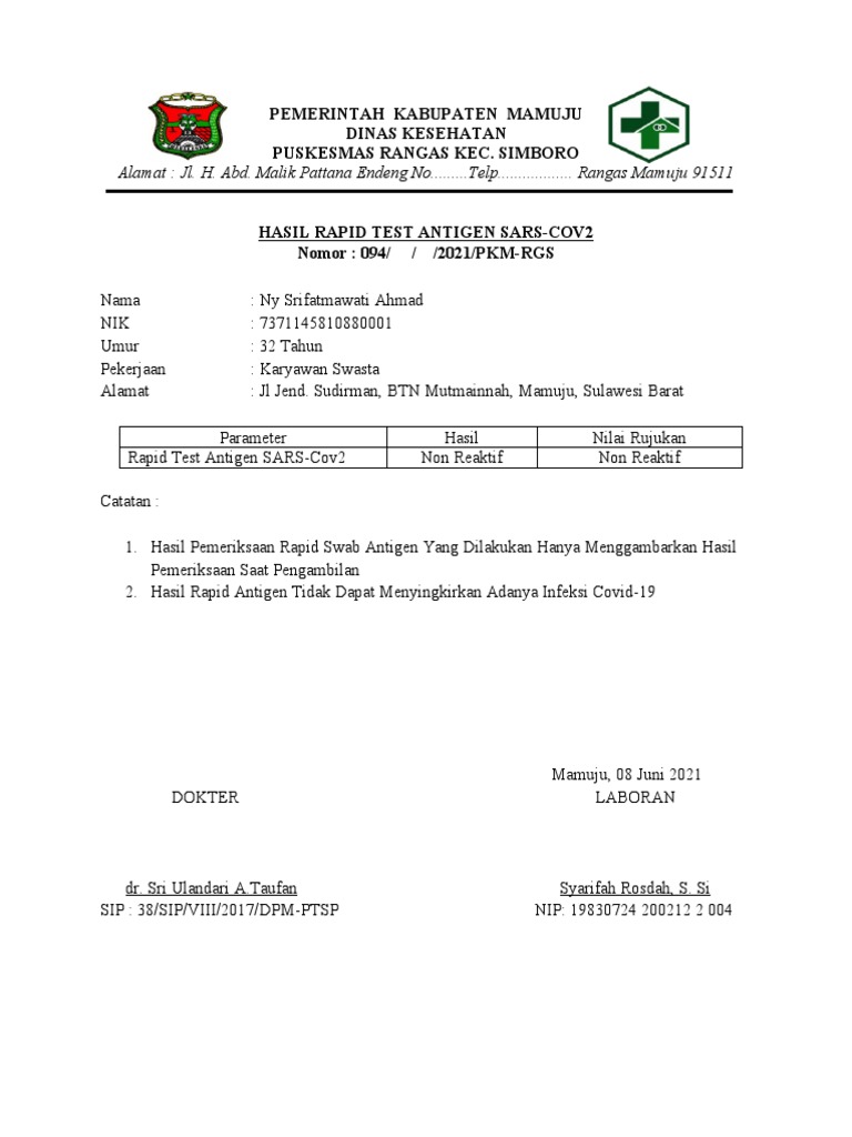 Surat Hasil Swab Antigen | PDF
