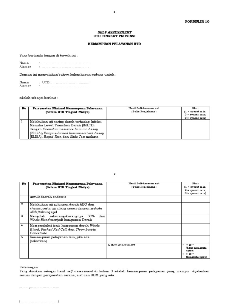 FORMULIR 10. Self Assessment Kamampuan Pelayanan UTD Prop 251015 | PDF