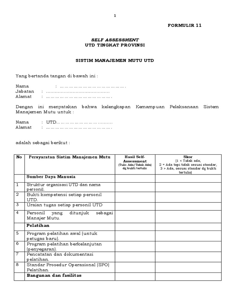 FORMULIR 11. Self Assessment Sistim Manajemen Mutu UTD Prop 251015 | PDF
