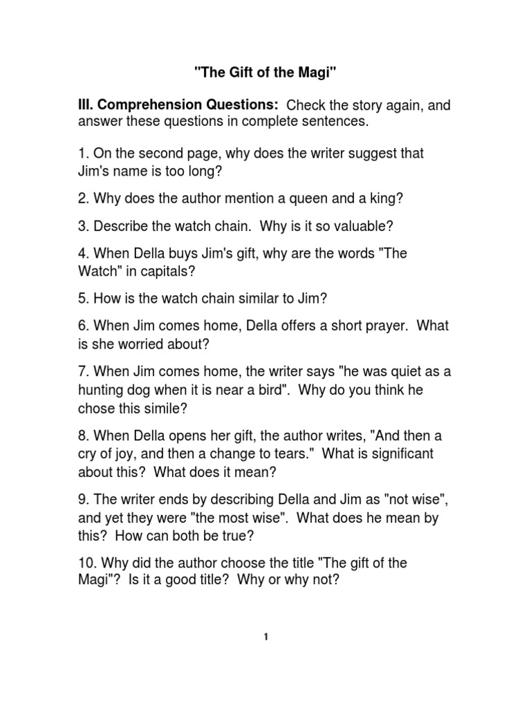 Comprehension Questions for "The Gift of the Magi" | PDF | General Fiction