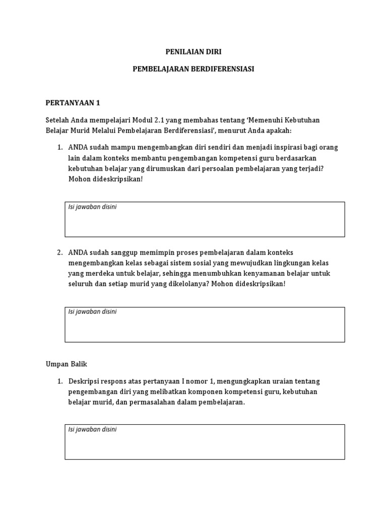 Penilaian Diri - Pembelajaran Berdiferensiasi PI 8 | PDF