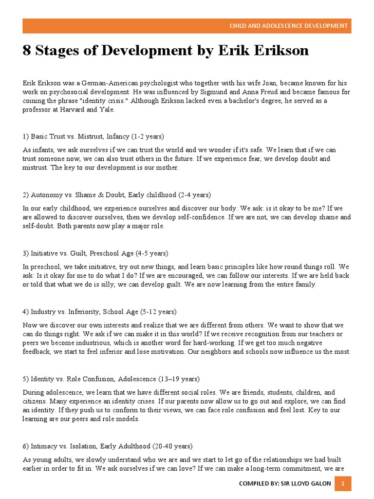 Erik Erikson's 8 Developmental Stages | PDF | Behavioural Sciences ...
