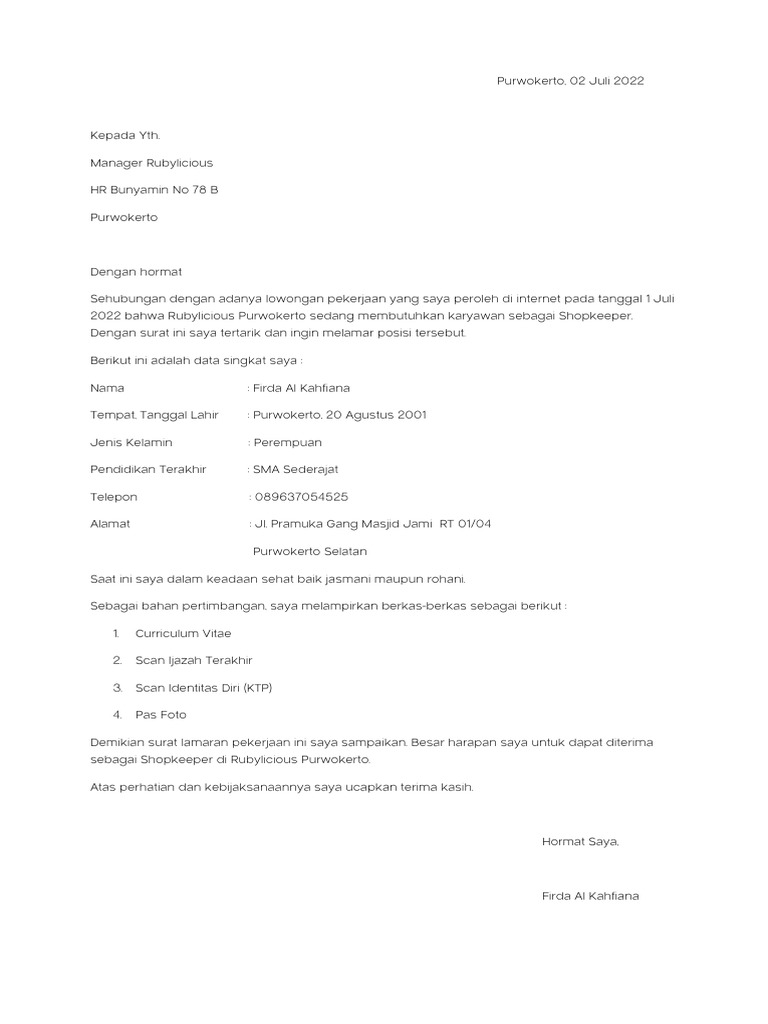 Surat Lamaran Pekerjaan Firda | PDF