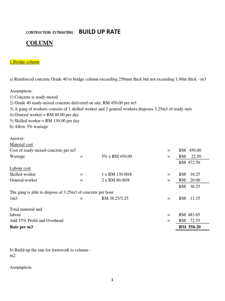 3.COLUMN Built Up Rates | PDF | Concrete | Building Engineering