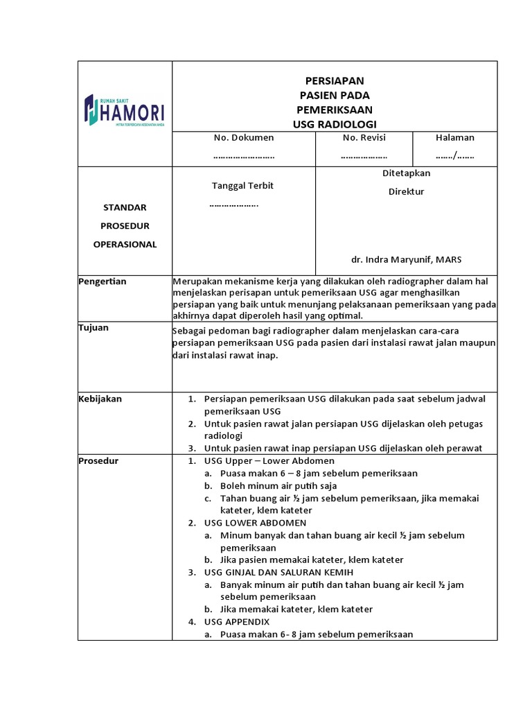 Sop Persiapan Pasien Pada Pemeriksaan Usg Radiologi | PDF