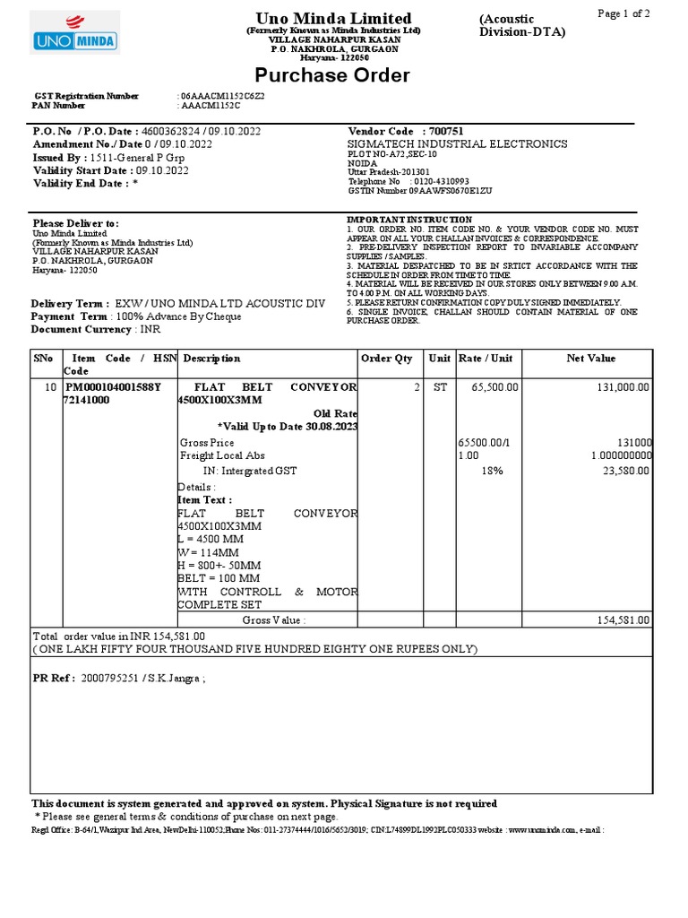 Uno Minda PO for flat belt conveyors | PDF | Value Added Tax | Invoice