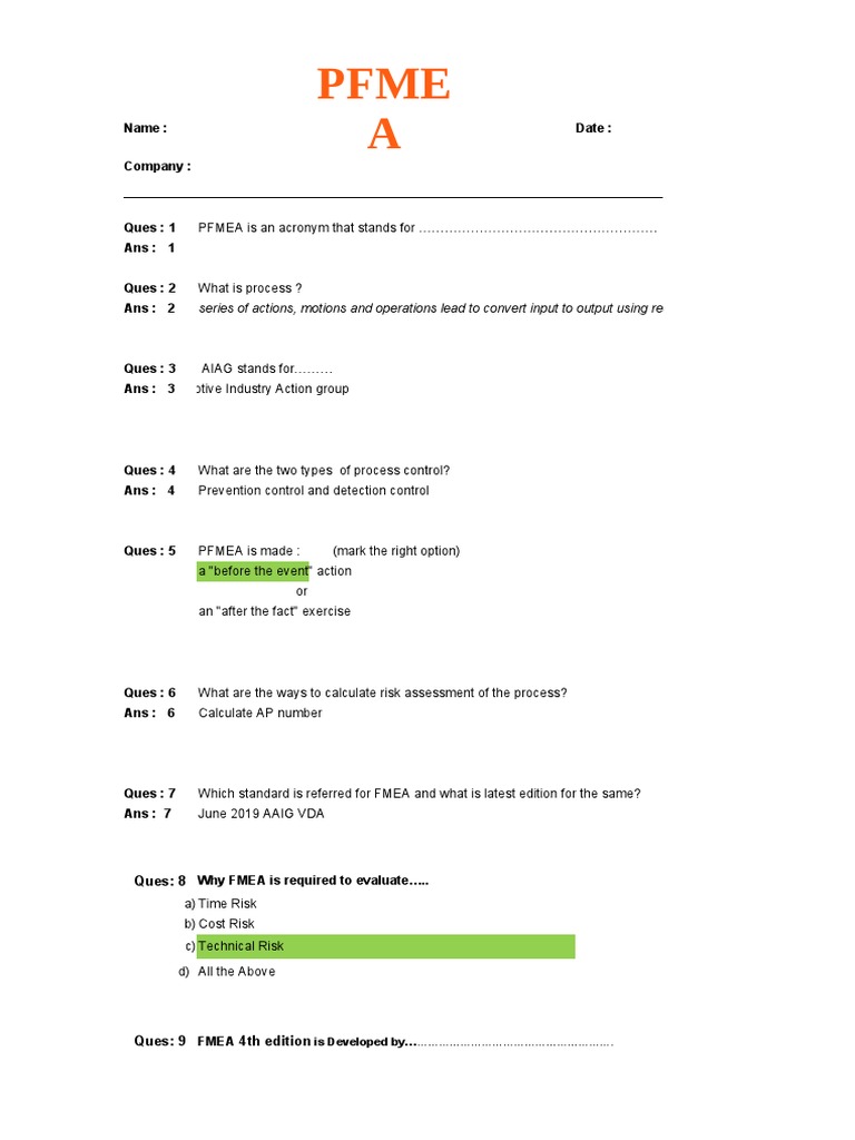 PFMEA Question Paper | PDF