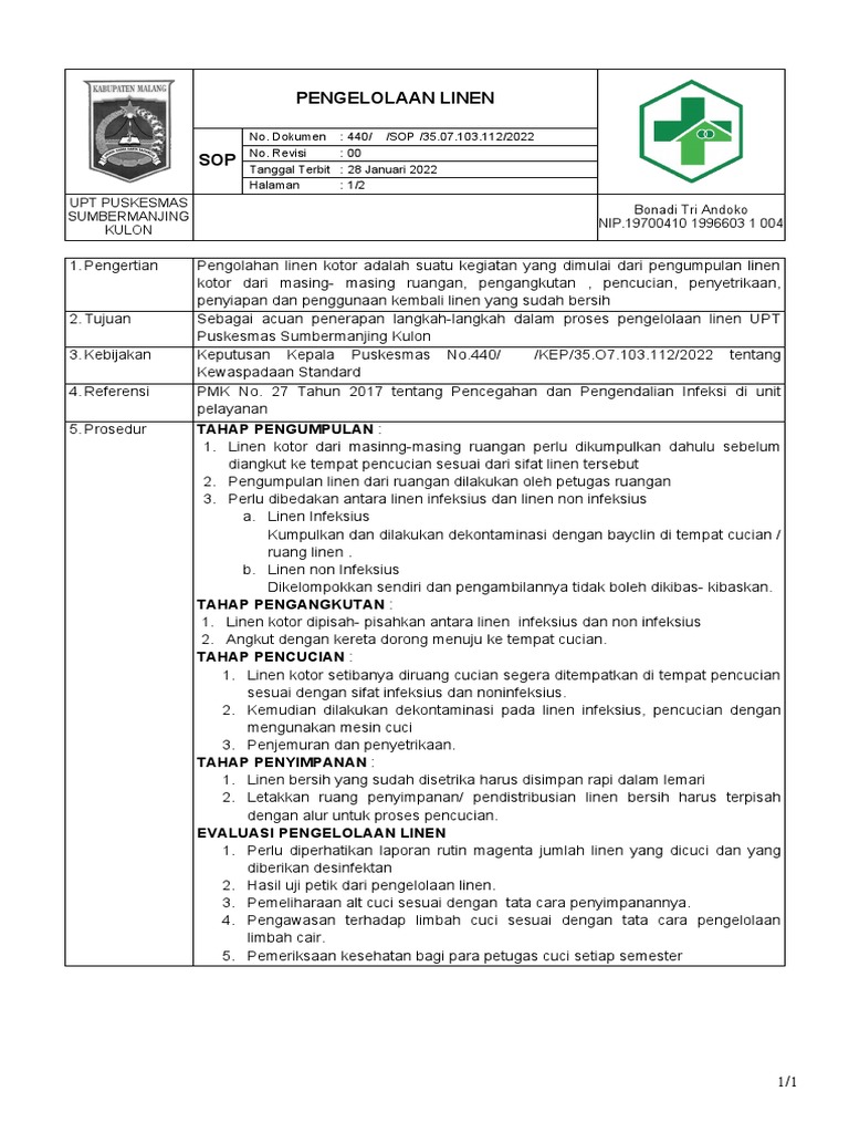 Sop Pengelolaan Linen | PDF