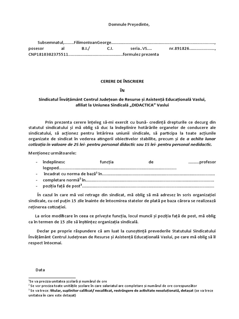 Cerere Inscriere - Sindicat 2022 | PDF