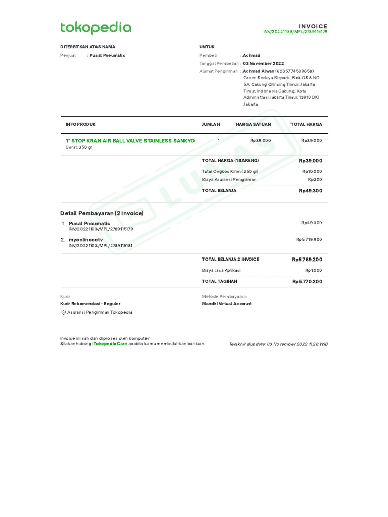 Invoice - Tokopedia - Ball Valve 1inch | PDF