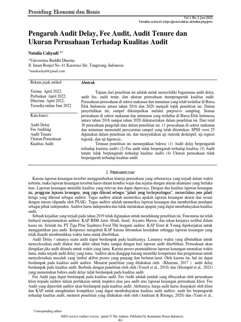 Natalia Cahyadi - Pengaruh Audit Delay, Fee Audit, Audit Tenure Dan Ukuran Perusahaan Terhadap ...