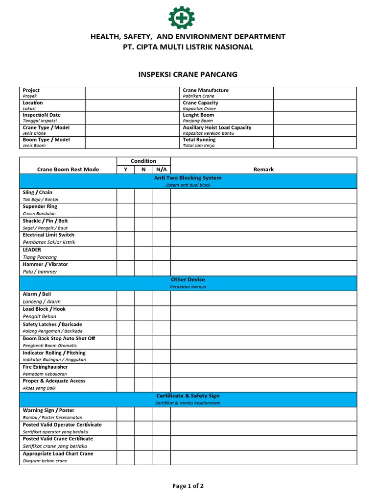 Form Inspeksi Crawler Crane 100 Ton | Download Free PDF | Crane ...