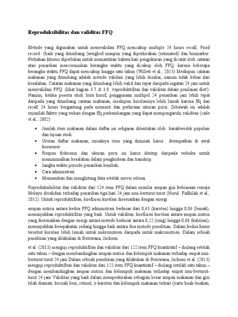 Reproduksibilitas Dan Validitas FFQ | PDF