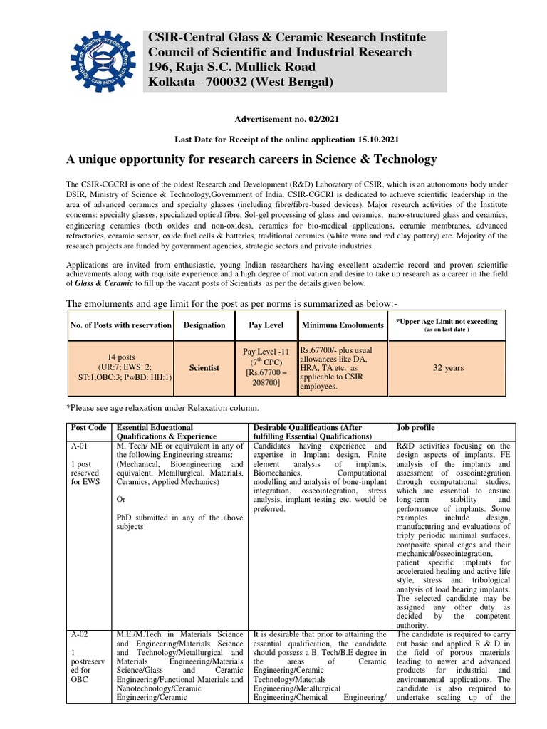 Final Advt No 02 2021 | PDF | Ceramics | Machining Final Advt No 02 2021 | PDF | Ceramics | Machining
