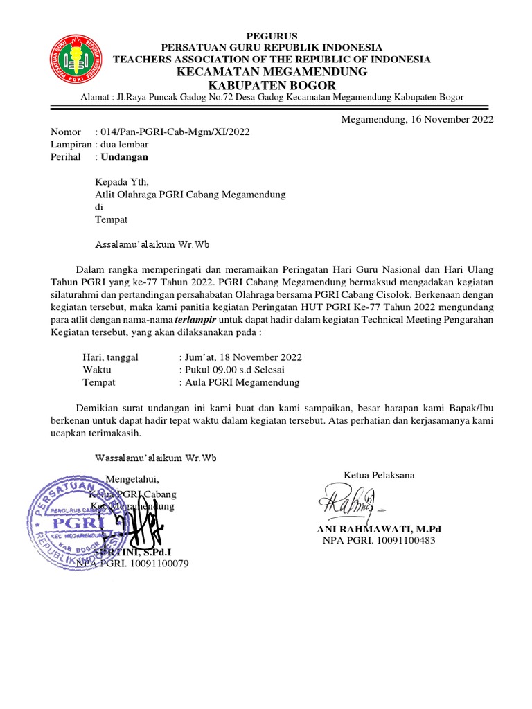 Revisi Tanggal - Surat Undangan Atlit Pgri 2022 | PDF
