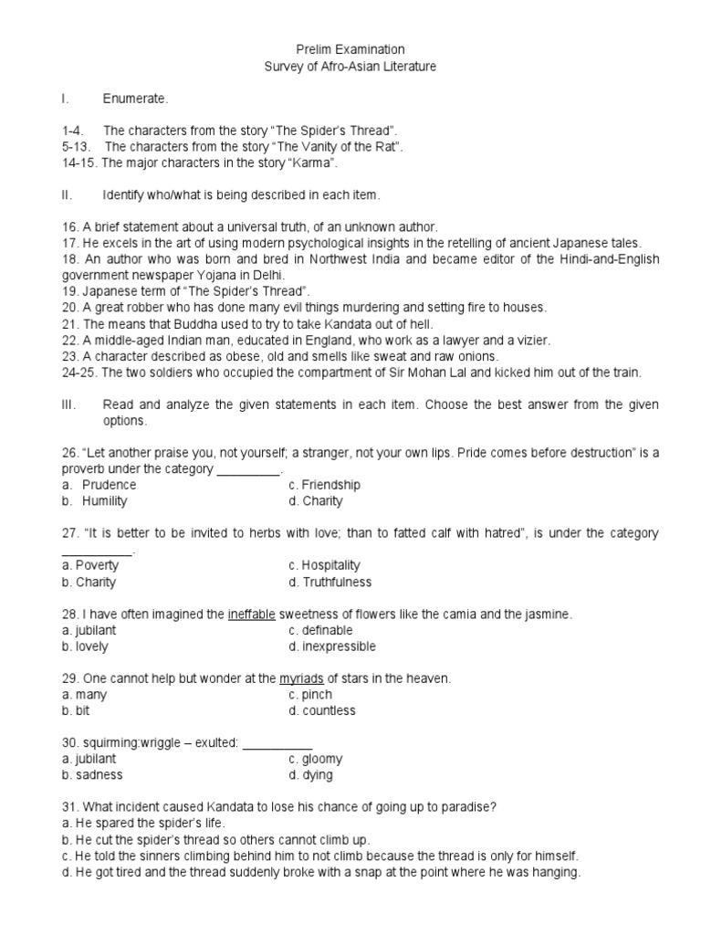 Prelim Examination - Survey of Afro-Asian Literature | PDF