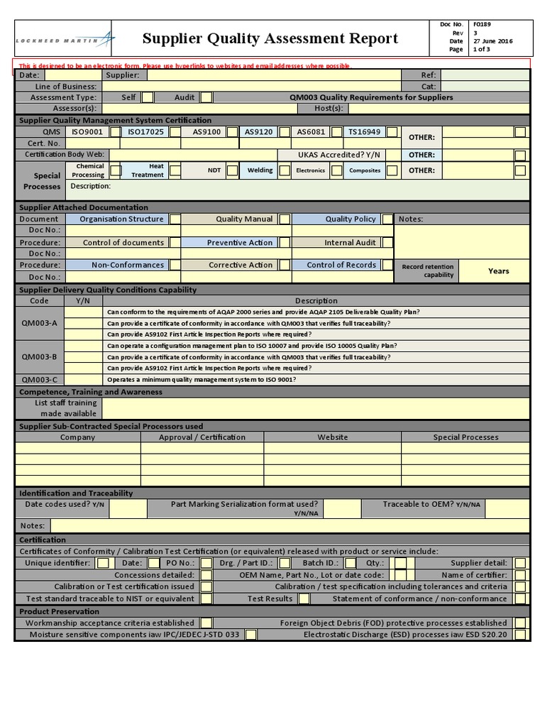 Supplier Quality Assessment Report | PDF | Iso 9000 | Business