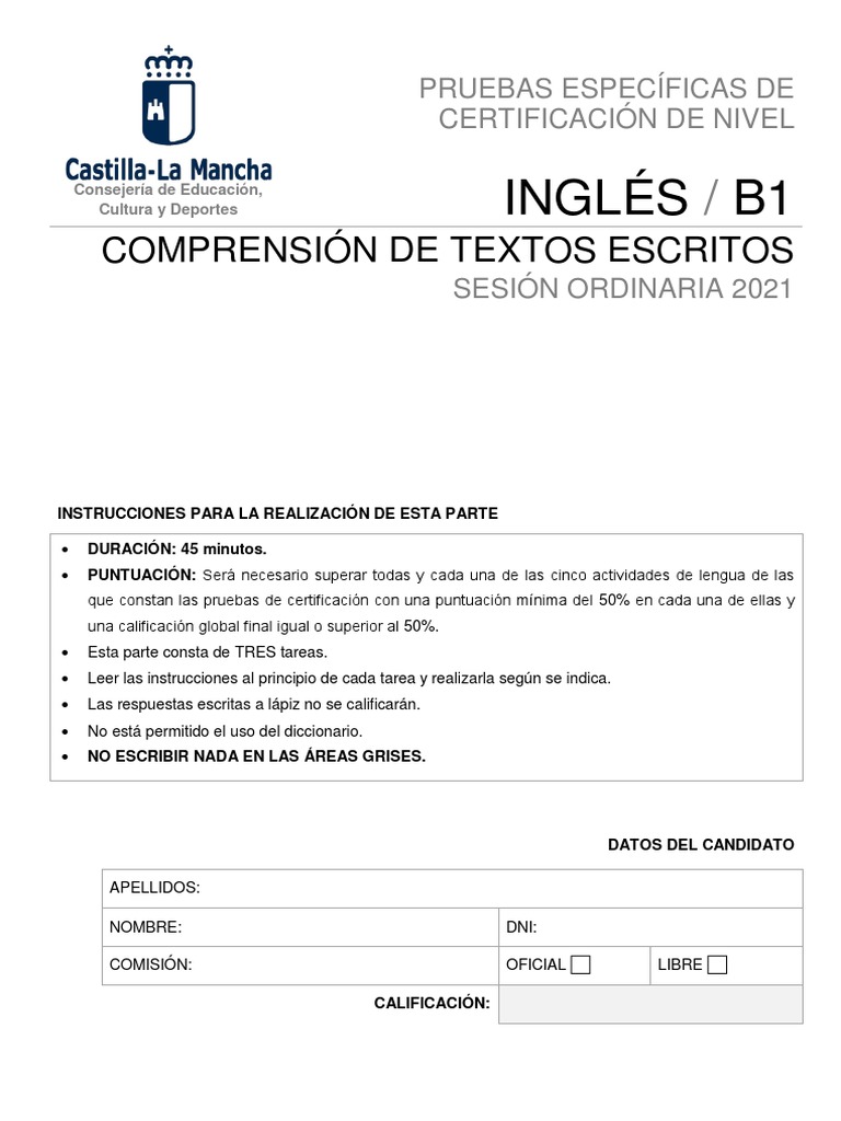 Inglés B1: Comprensión de Textos Escritos | PDF
