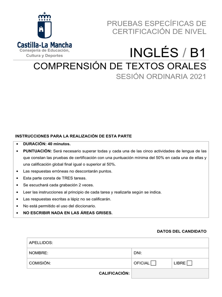 Inglés B1: Comprensión de Textos Orales | PDF